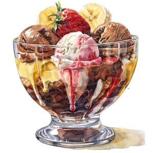 12 Banana Split Ice Cream Clipart, Watercolor Sundae Dessert Clipart ...