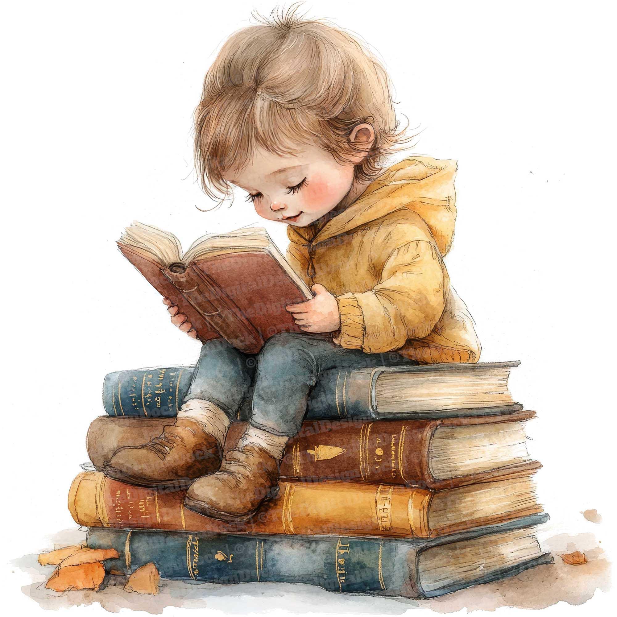 12x Child Reading Clipart, Watercolor Vintage School Reading Boy Girl ...