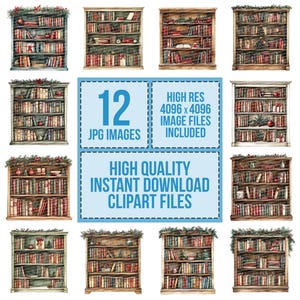 Christmas Bookshelf Clip Art, 12x Vintage Holiday Books Clipart Set ...