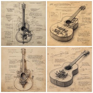 12 Guitar Digital Paper Vintage Junk Journal Paper Musical Sketch High ...