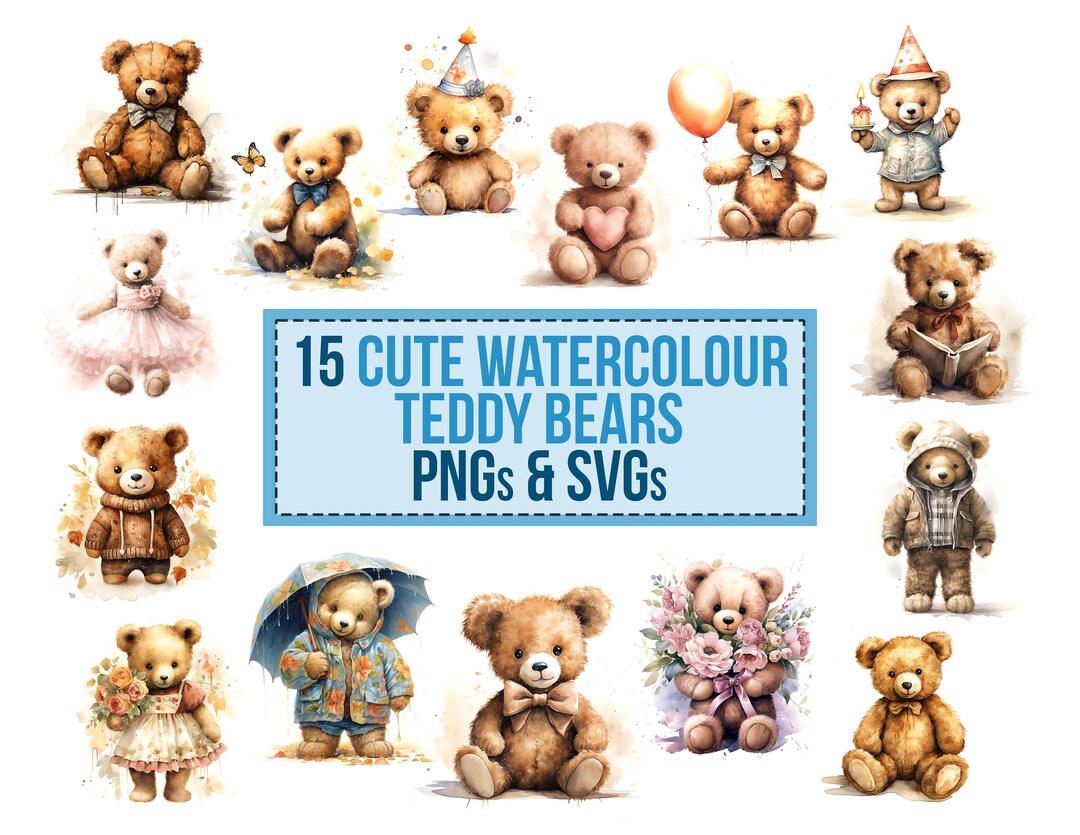 15x Watercolor Cute Teddy Bears PNG Designs Bulk Bundle Downloads ...