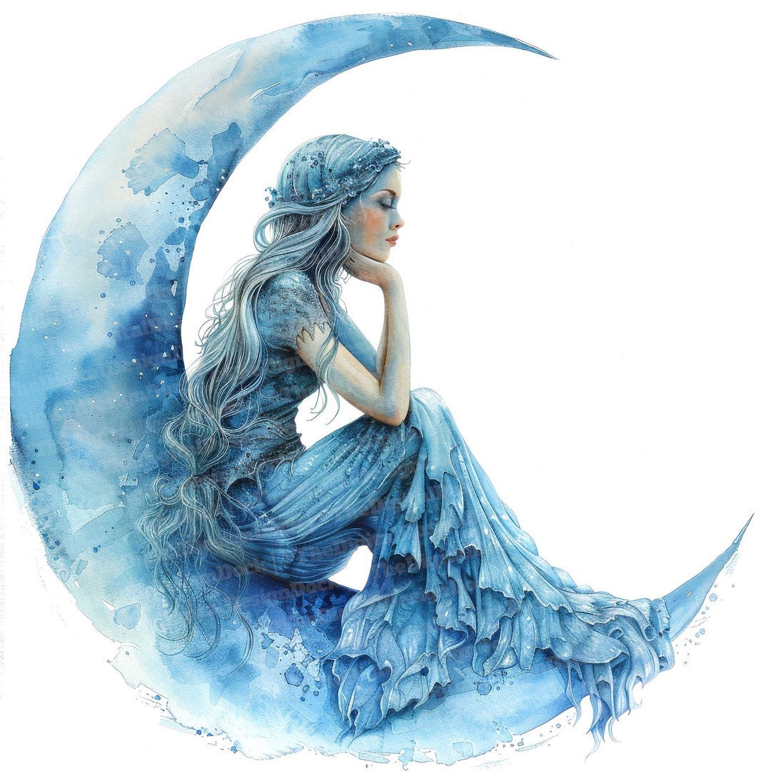 12x Moon Fairy Clipart, Moon Crest JPG Clipart, Printable Watercolor ...