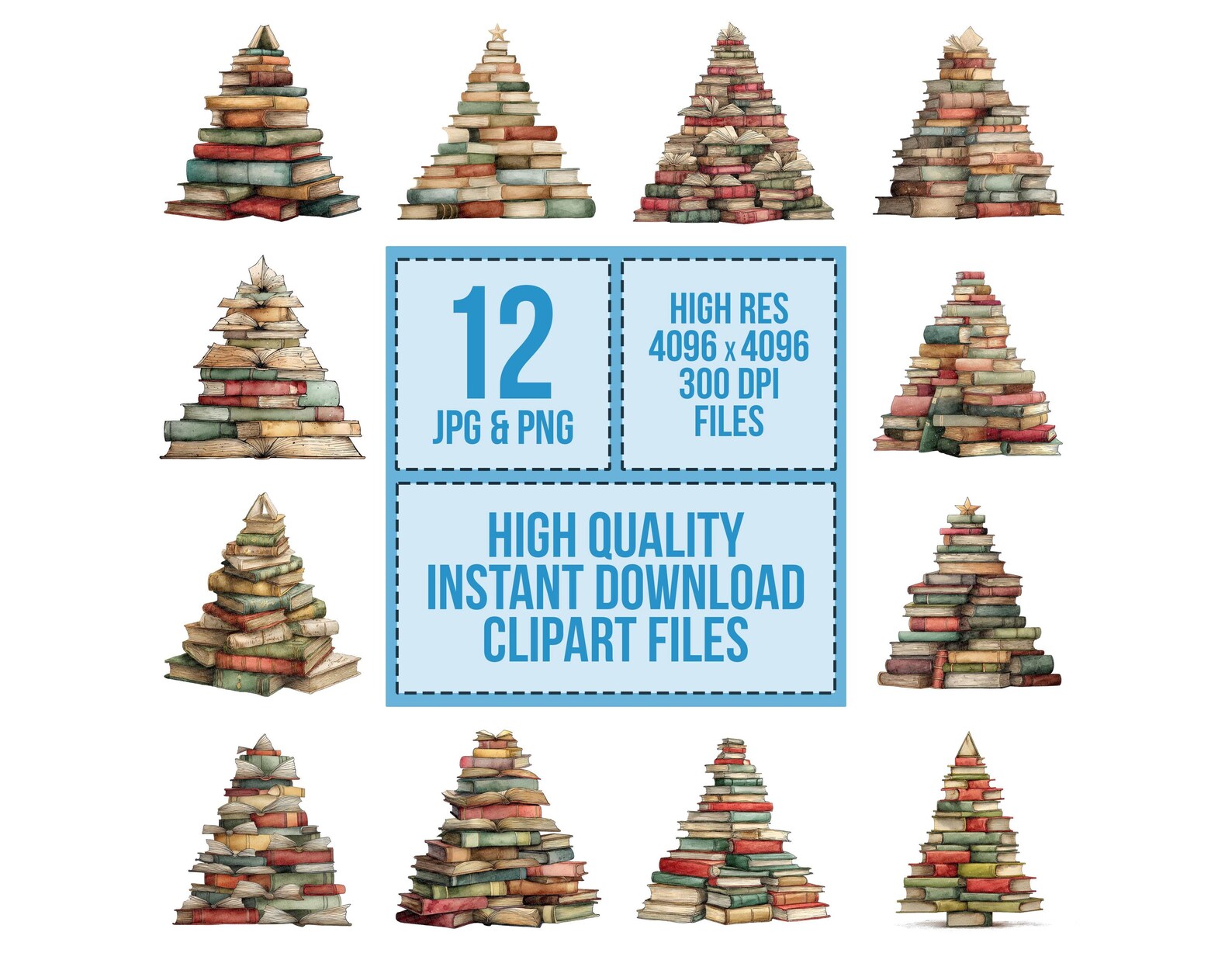 Book Stack Christmas Tree PNG Clipart, 12x Vintage Book Tree Clip Art ...