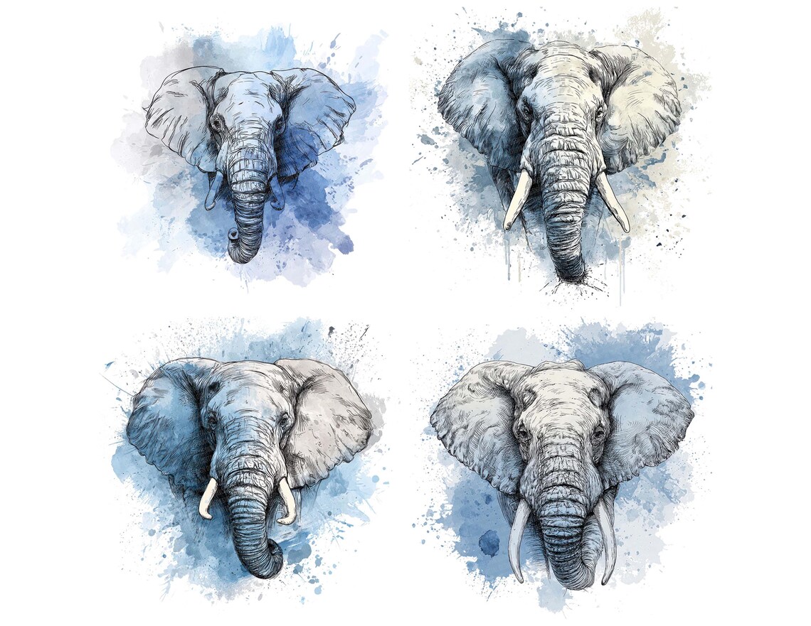 12x Elephant Head PNG Clipart, Watercolor Elephant Clip Art Set ...