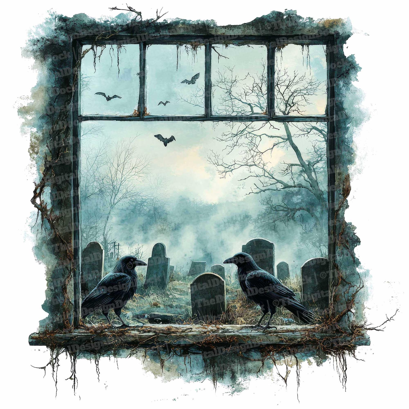 12x Gothic Cemetery Clipart, Haunted Graveyard Window, Printable ...
