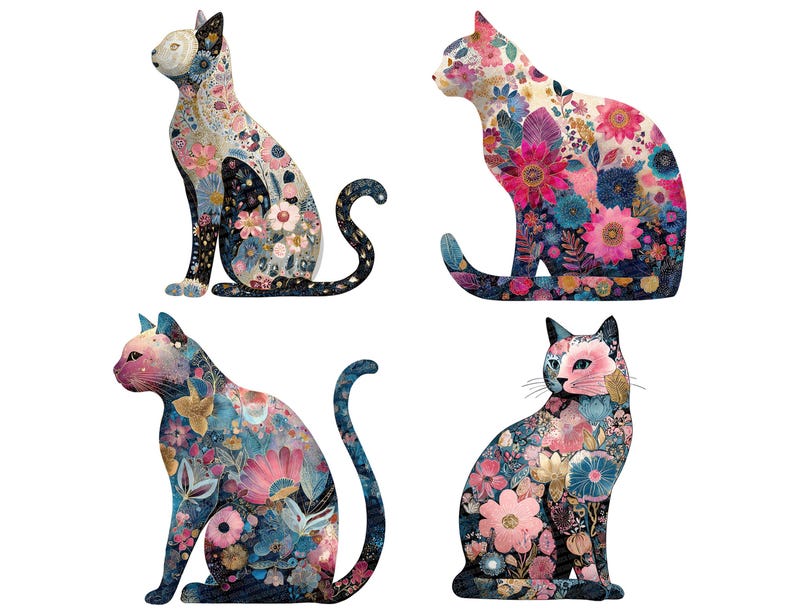 Floral Cat PNG Clipart, 12x Decorative Cats Clip Art Set, Printable ...