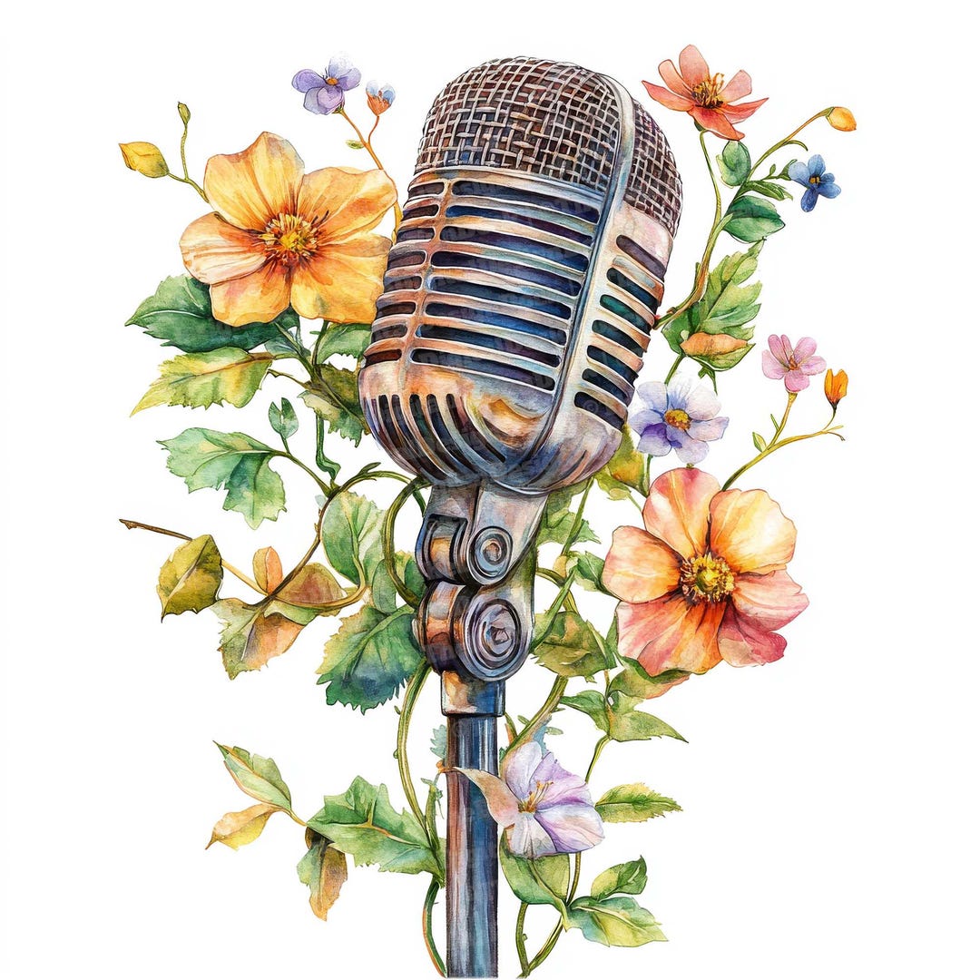 12x Microphone Clipart, Floral Microphone Clipart, Printable Watercolor ...