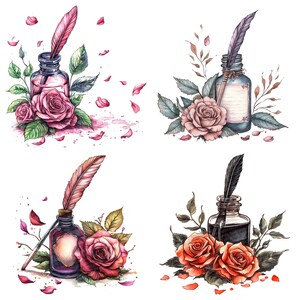 12x Feather Quill PNG Clipart, Ink Bottle With Roses Clip Art Set ...