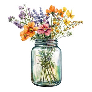 Mason Jar Flowers PNG Clipart, 12x Rustic Floral Illustration ...