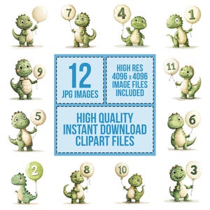Dinosaur Birthday Clip Art, 12x Watercolor Dino With Balloon Clipart ...