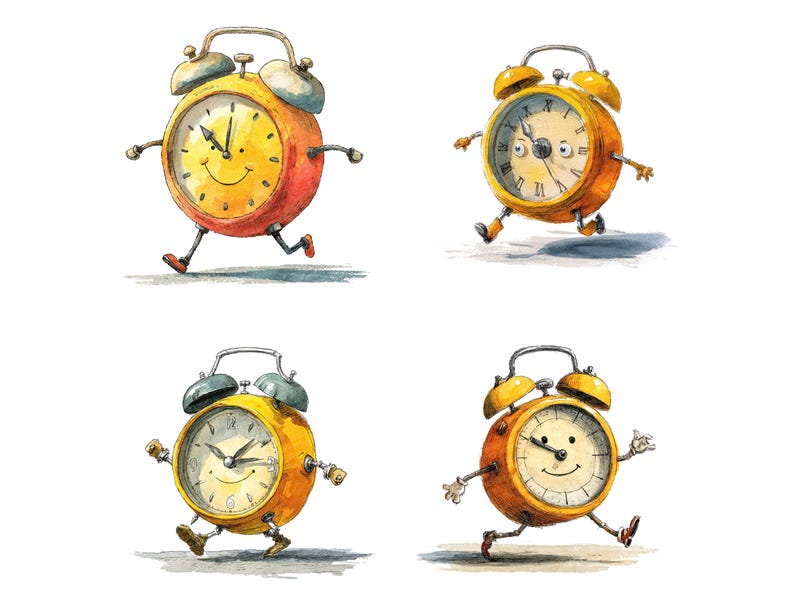12x Alarm Clock PNG Clipart, Retro Clock Character Clip Art Set ...
