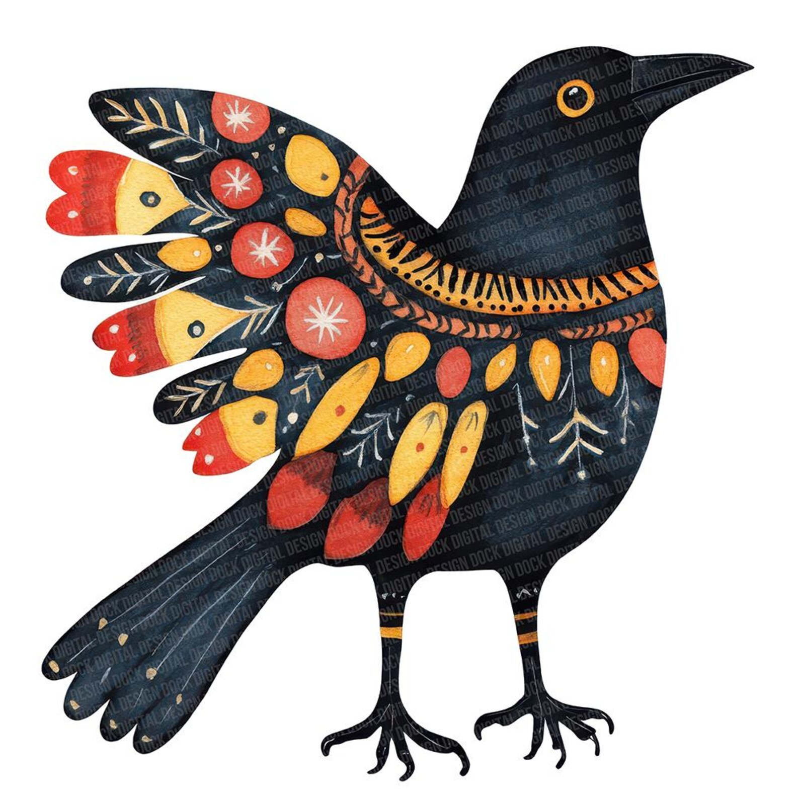 Folk Crow PNG Clipart, 12x Floral Crow Clip Art Set, Printable ...