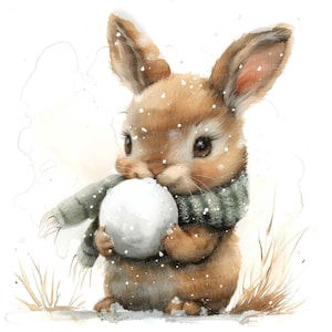 12 Bunny With Snowball Clipart, Winter Rabbit Clipart, Printable ...