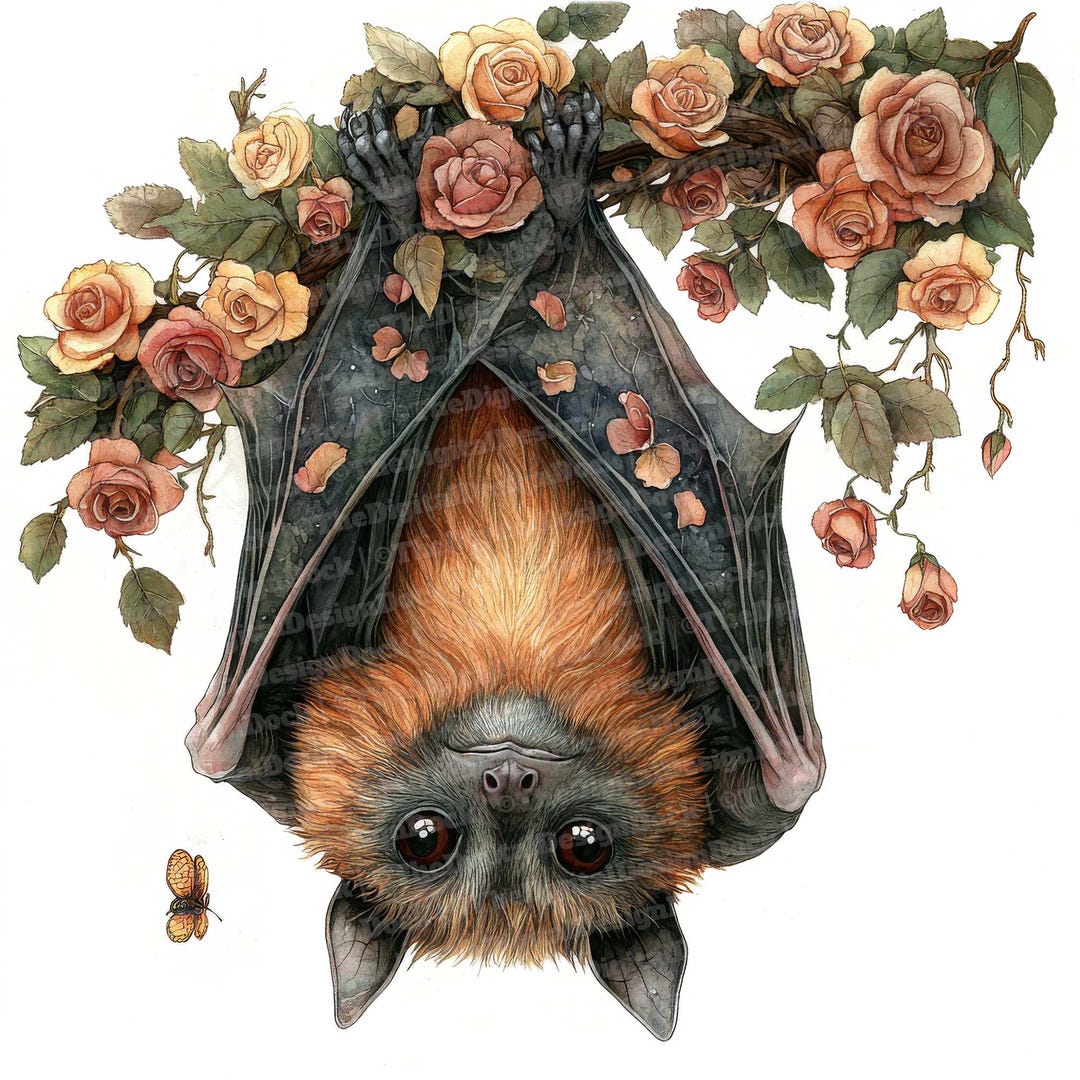 12x Bat Clipart, Hanging Bat With Flowers, Printable Floral Watercolor ...