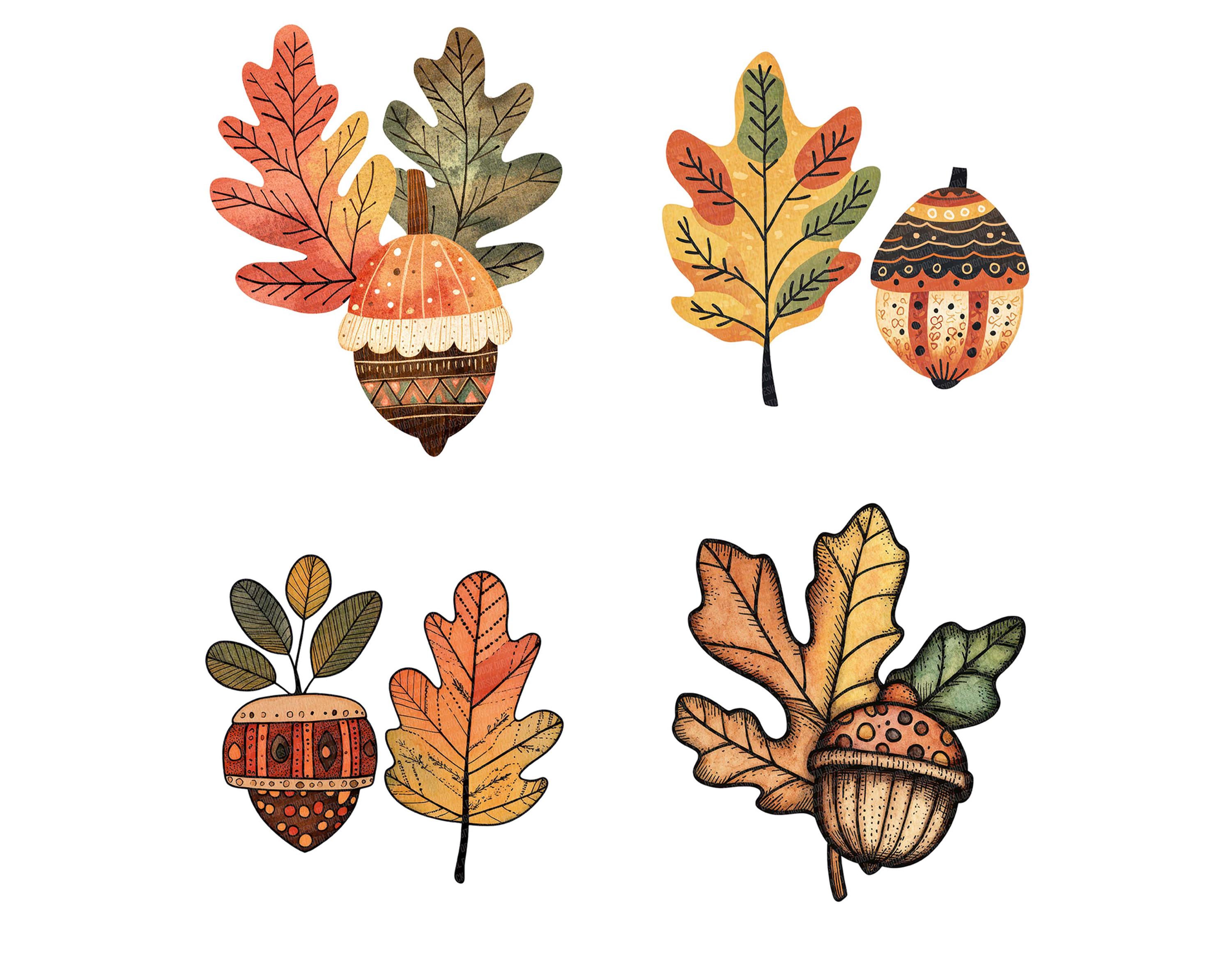 Acorn PNG Clip Art, 12x Folk Acorn and Leaf Clipart Set, Printable ...