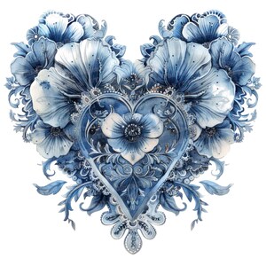12 Lace Floral Heart Clipart, Blue Watercolor Clipart, Printable ...