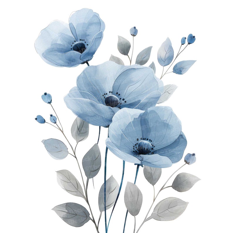 Blue Floral PNG Clipart, 12x Abstract Flower Clip Art Set, Printable ...