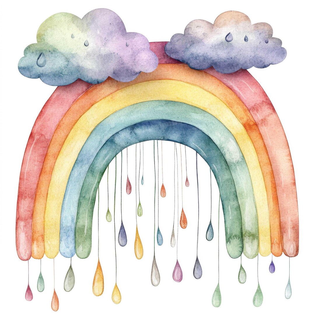 12x Watercolor Rainbow and Clouds Clipart, Hanging Raindrops ...