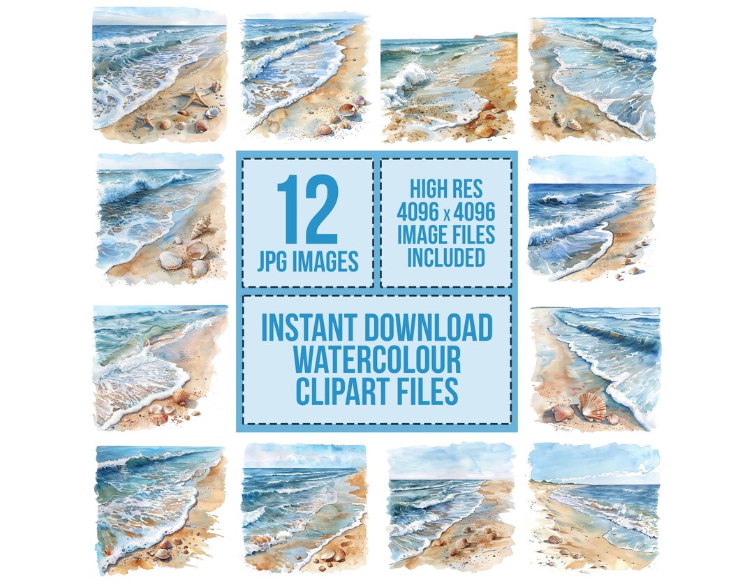 12 Beach Scene Clipart, Watercolor Ocean Waves Clipart, Printable ...