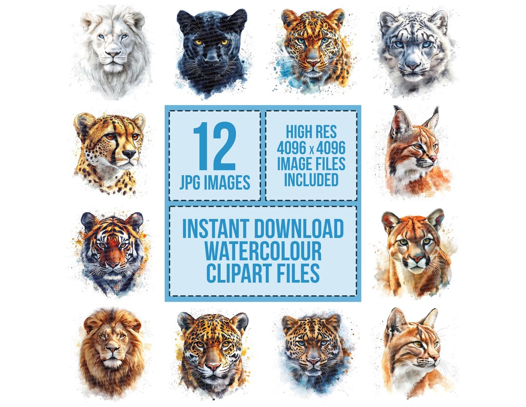 Wild Cats Clipart, Big Cats Watercolor Illustration, Printable Clipart ...