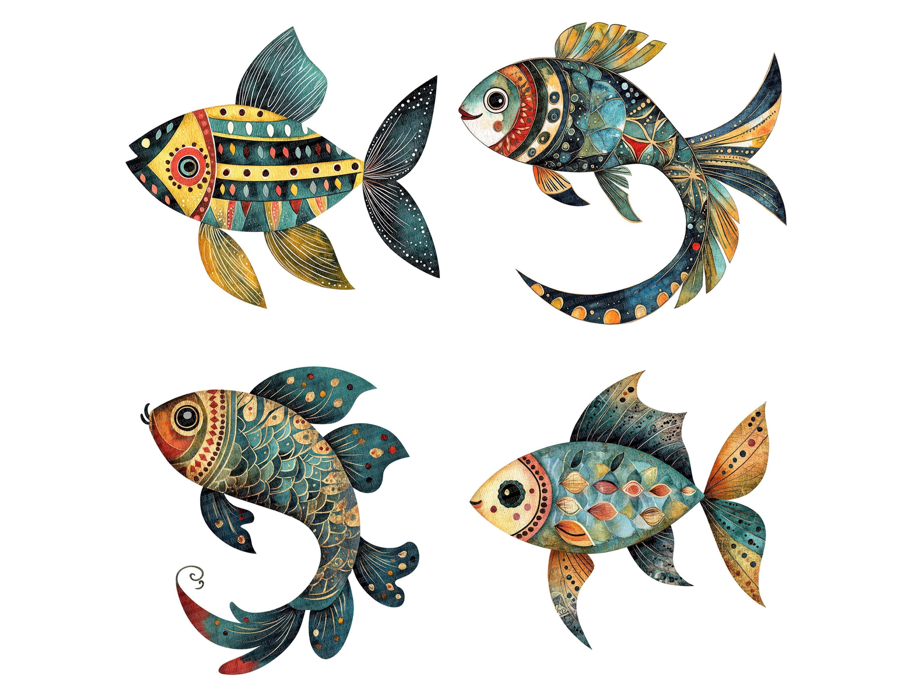 Folk Art Fish PNG Clip Art, 12x Patterned Fish Clipart Set, Printable ...