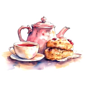 12x Tea and Scones Clipart, China Teapot JPG Clipart, Printable ...