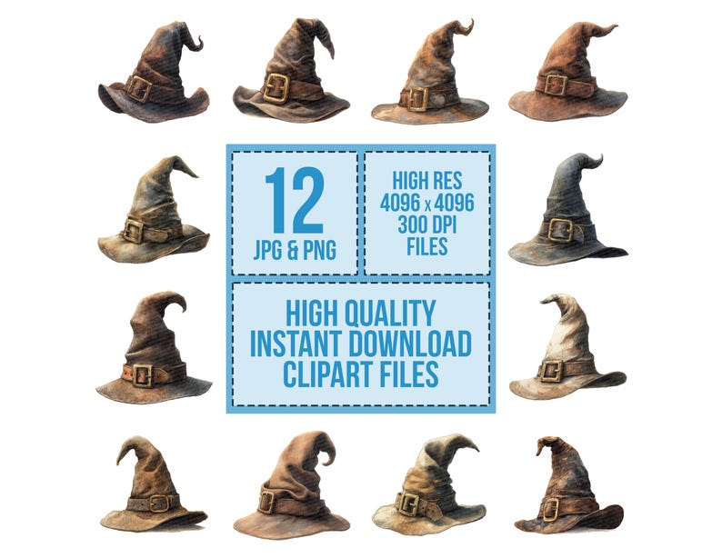 Witch Hat Clipart, 12 Printable PNG Jpgs, Watercolor Halloween Hat Clip ...