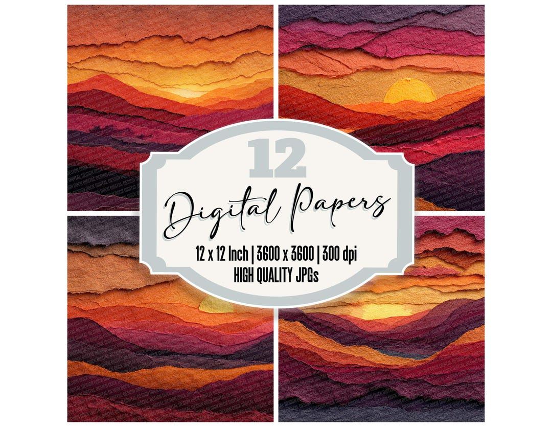 12x Sunset Hill Junk Journal Paper Torn Layered Landscape Digital Paper ...