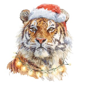 Christmas Tiger Clipart, 12x Santa Hat Tigers PNG, Printable Watercolor ...
