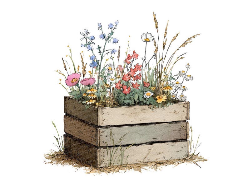 Wildflower Crate Clipart, 12x Wooden Flower Box Clip Art Set, Printable ...