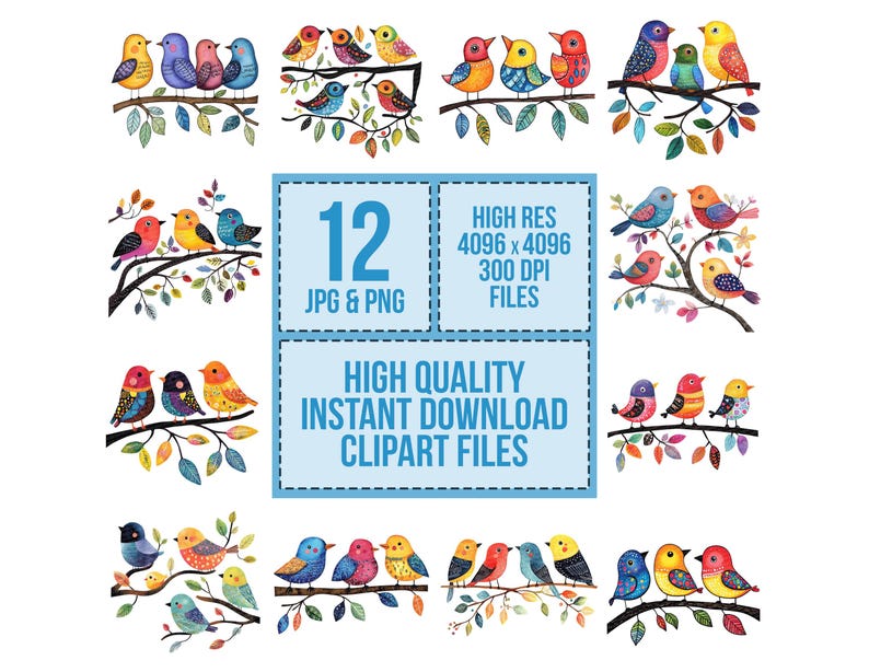 Birds on Branch PNG Clipart, 12x Colorful Watercolor Bird Art Set ...