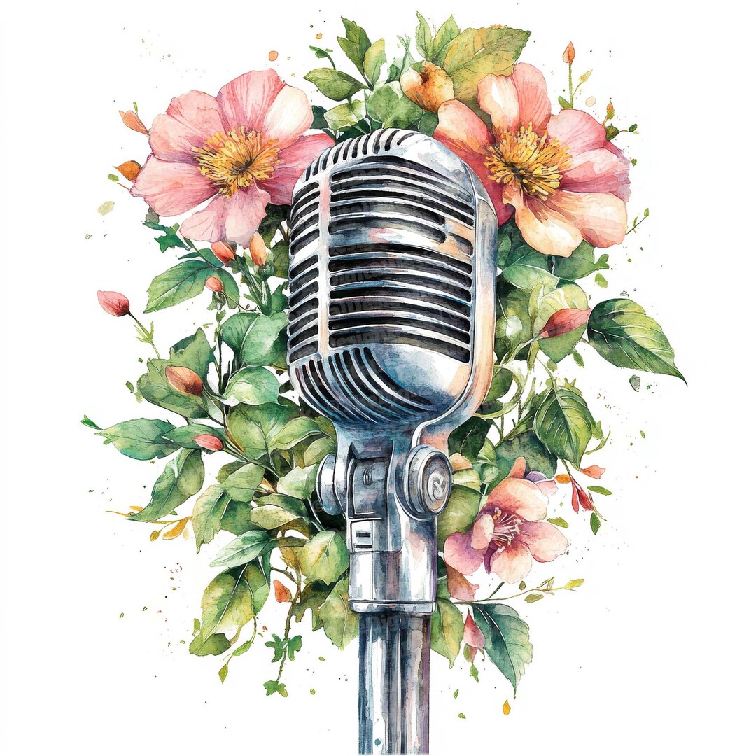 12x Microphone Clipart, Floral Microphone Clipart, Printable Watercolor ...