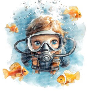 Scuba Diver Kid Clip Art, 12x Underwater Adventure Watercolor Clipart ...