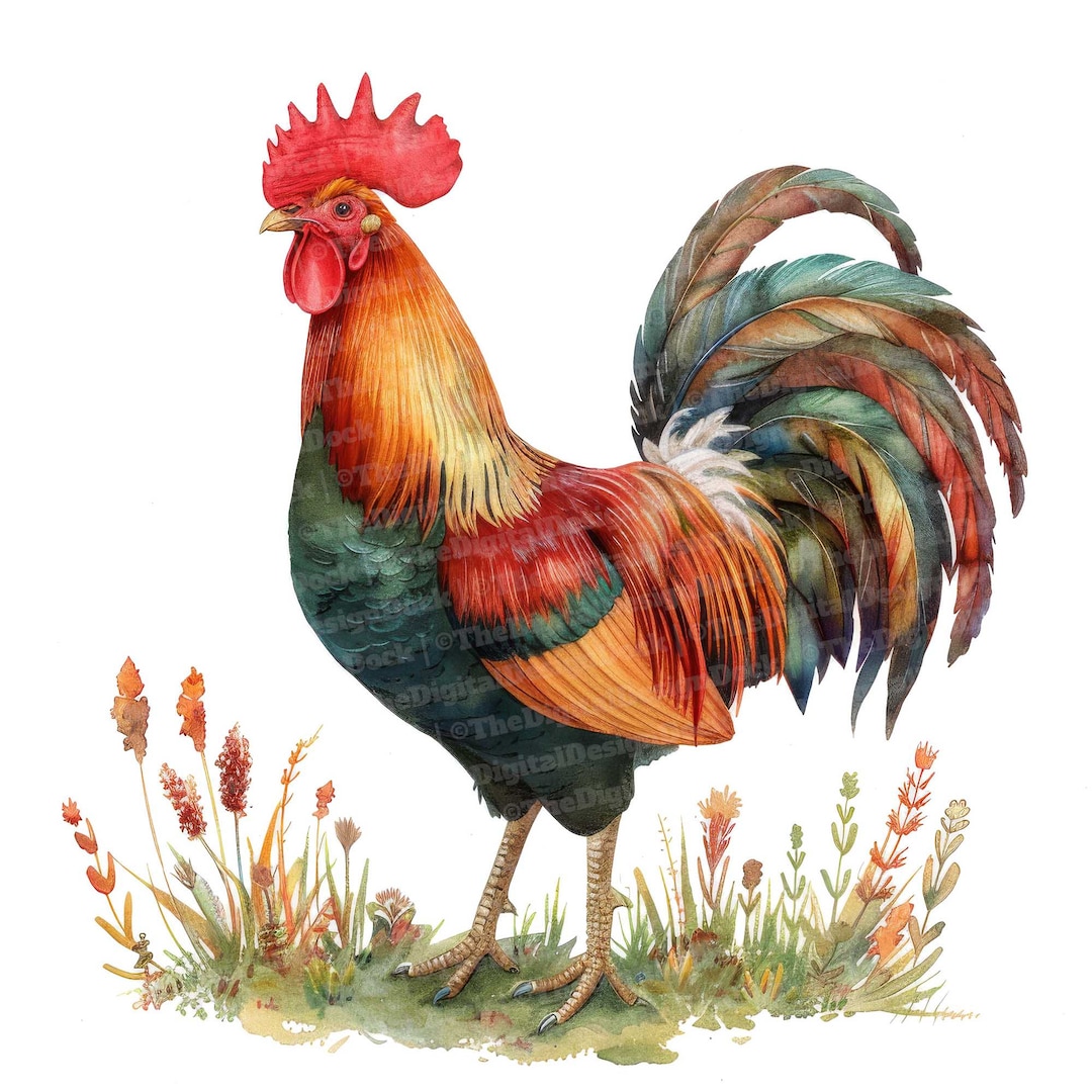 12x Cockerel Clipart, Colourful Hens Clipart, Printable Watercolor ...