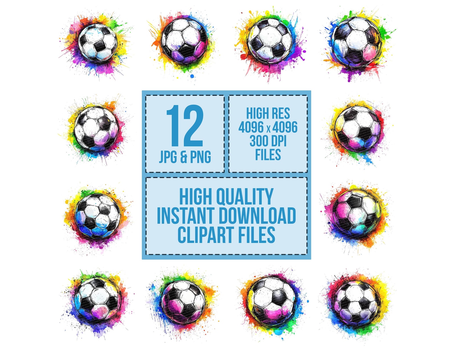 Soccer Ball PNG Clipart, 12x Watercolor Sports Clip Art Set, Printable ...