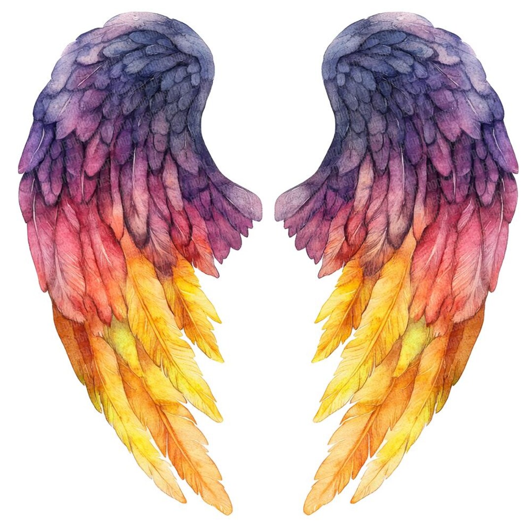 Rainbow Wings PNG Clipart, 12x Watercolor Angel Wings Clip Art Set ...