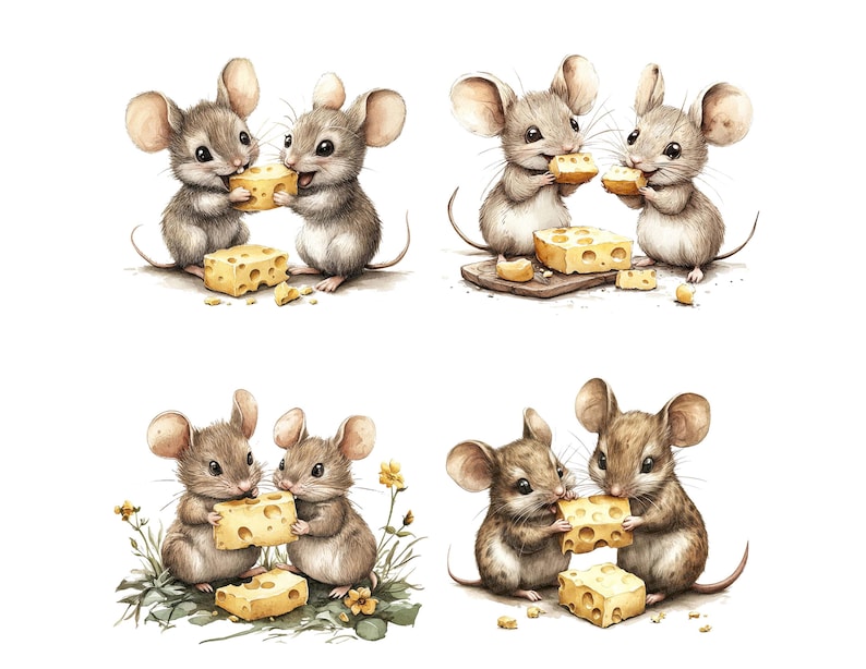 Mouse Family PNG Clipart, 12x Watercolor Mice With Cheese Clip Art Set ...