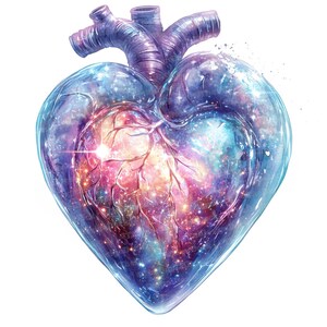 12x Glass Heart Clipart, Galaxy Crystalline Heart, Printable Watercolor ...