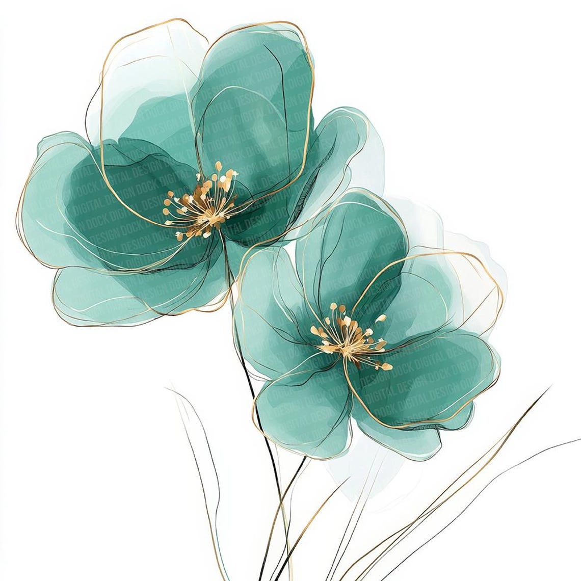12x Green Flowers Clip Art, Emerald Green Watercolor Floral Clipart ...