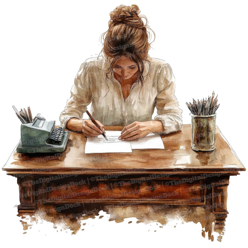 12 Woman Writing Watercolor Clipart, Woman Writing Art, Printable ...