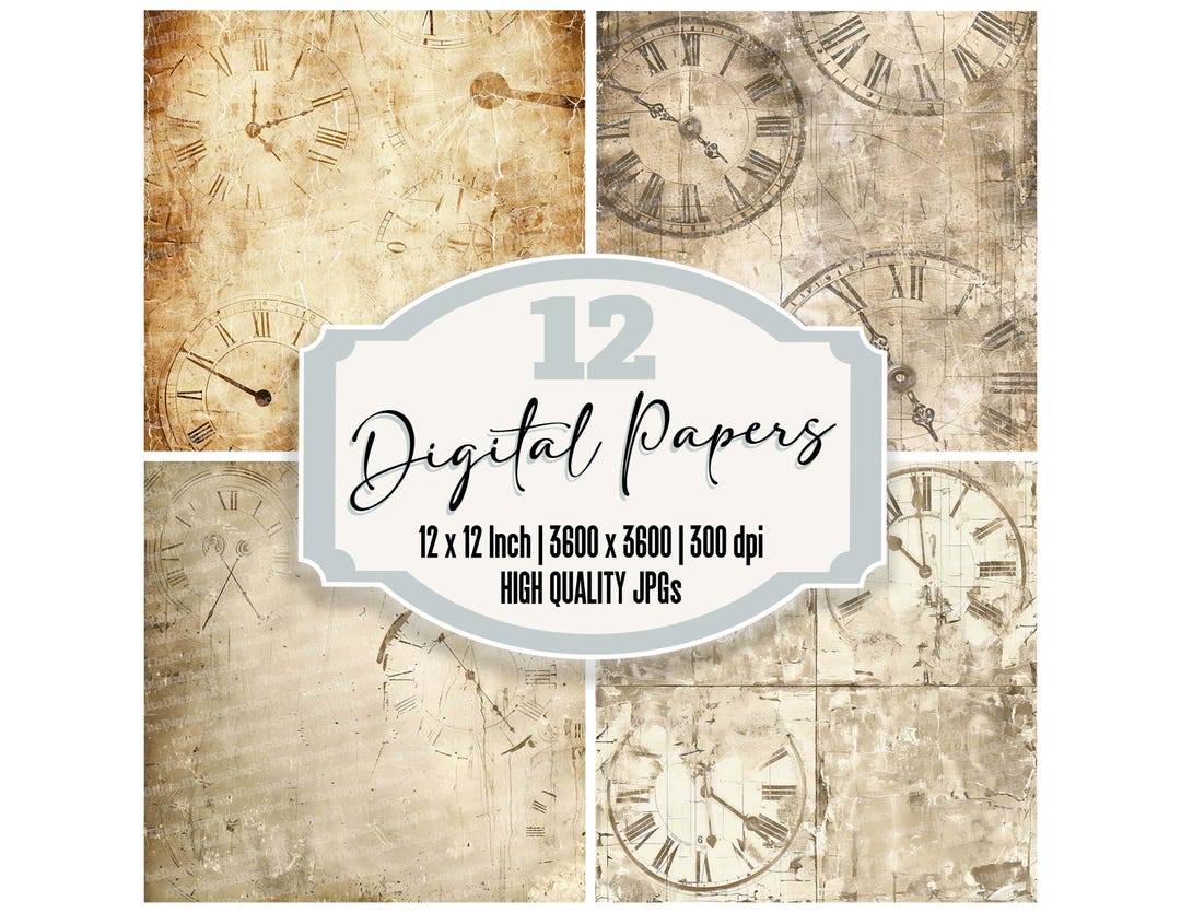 12x Vintage Clock Junk Journal Paper, Distressed Timepiece Digital ...