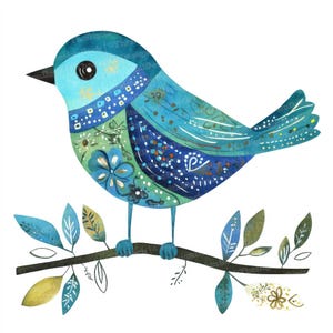 Folk Art Bird Clip Art, 12x Decorative Floral Bird Clipart Set ...