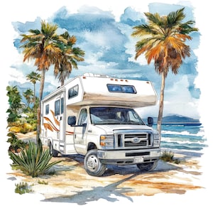 12 Camper Van Clipart, Watercolor RV on Beach, Summer Travel Clipart ...