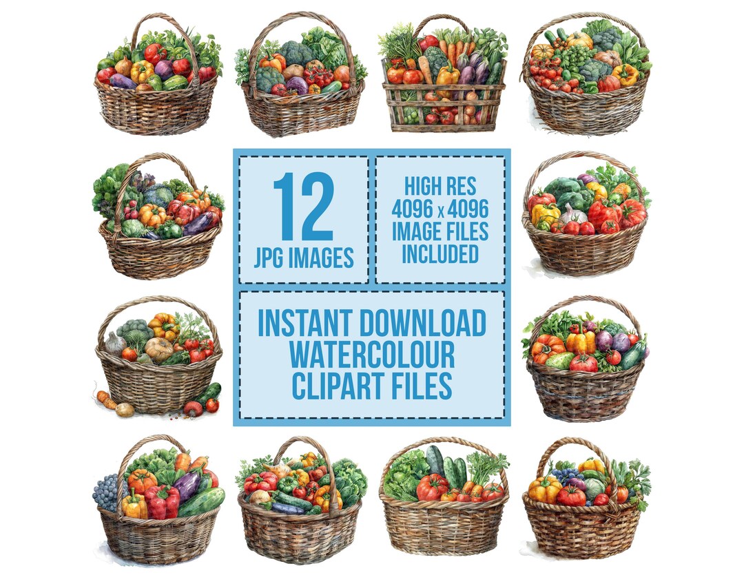 12 Vegetable Basket Clipart, Watercolor Harvest Clipart, Printable ...