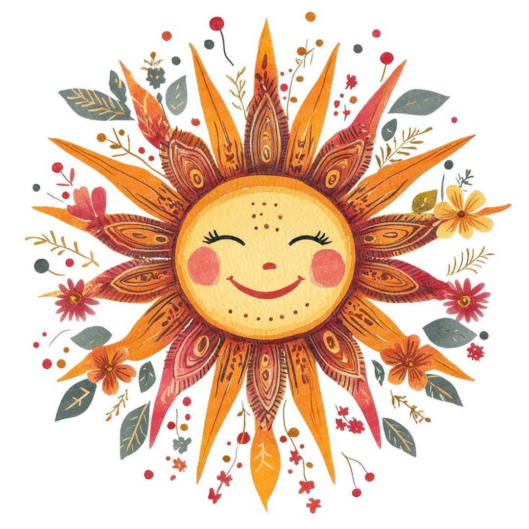 Folk Sun With Face PNG Clip Art, 12x Happy Sun Clipart Set, Watercolor ...