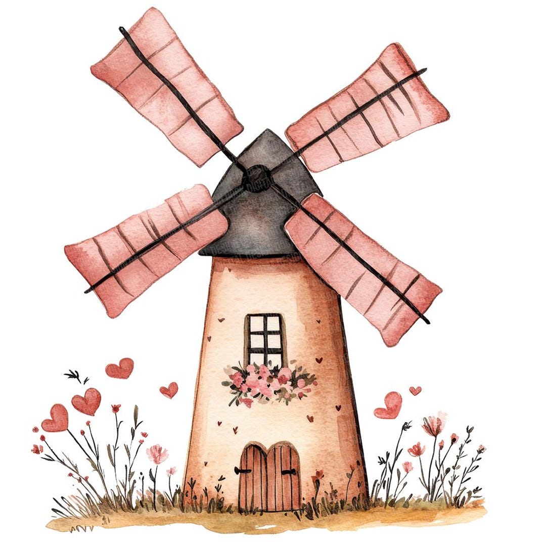Windmill PNG Clip Art, 12x Folk Art Windmill Clipart Set, Floral Heart ...