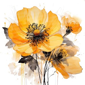 12x Abstract Flowers Clipart, Yellow Floral Art Clipart, Printable ...