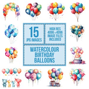 15x Coloured Balloons Watercolor Birthday Balloons Clipart JPG Digital ...