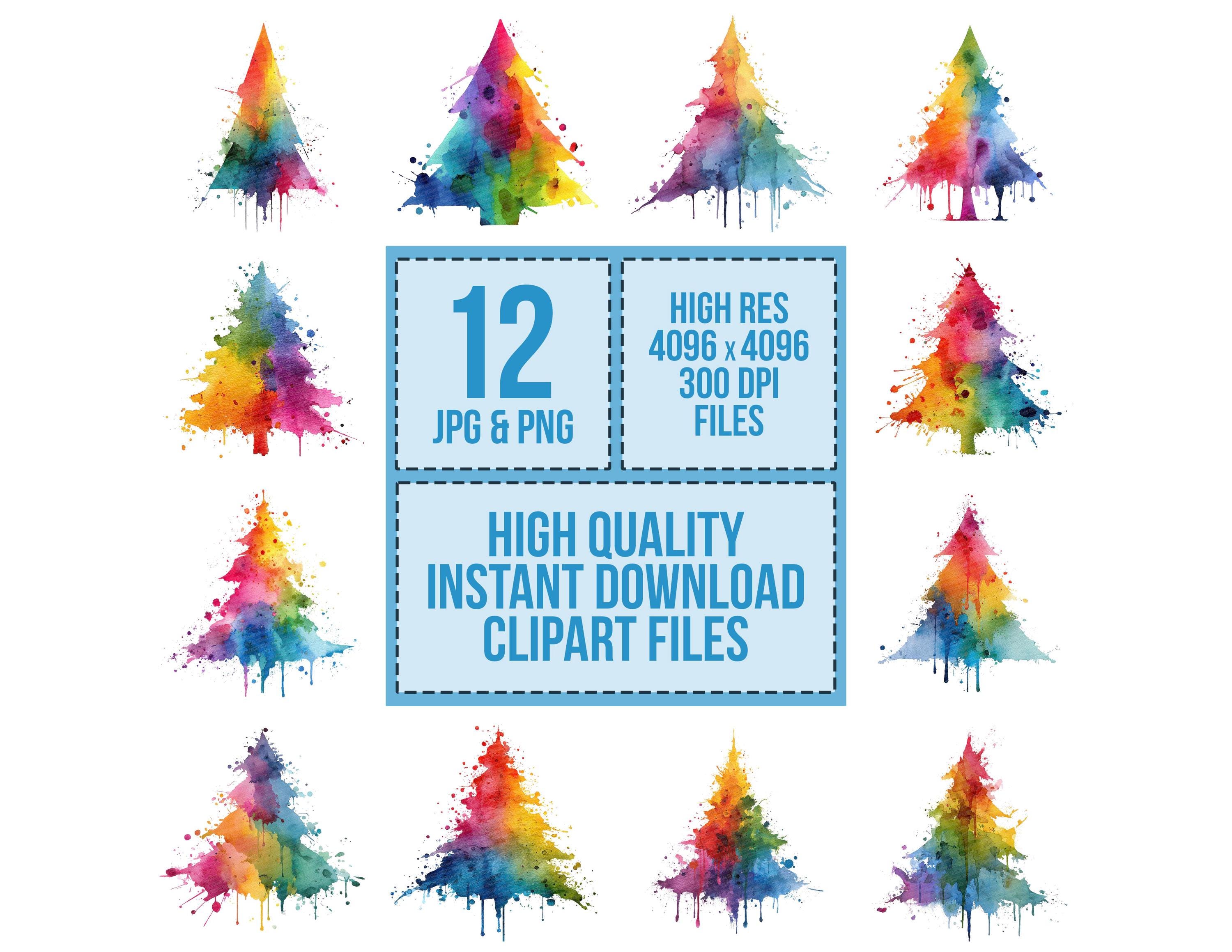 Rainbow Christmas Tree PNG Clipart, 12x Watercolor Splash Holiday Trees ...
