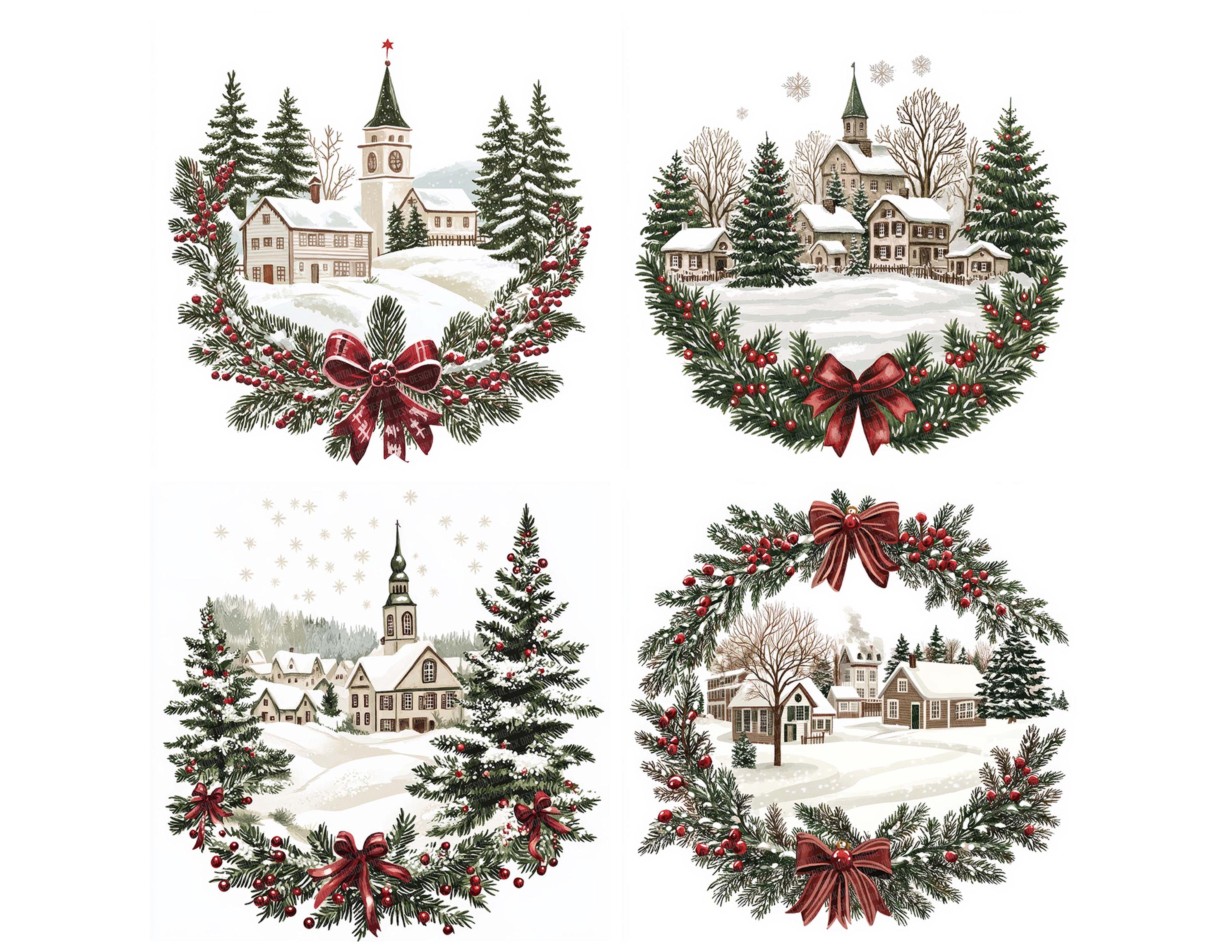 Christmas Village Wreath PNG Clip Art, 12x Winter Holiday Scene Clipart ...